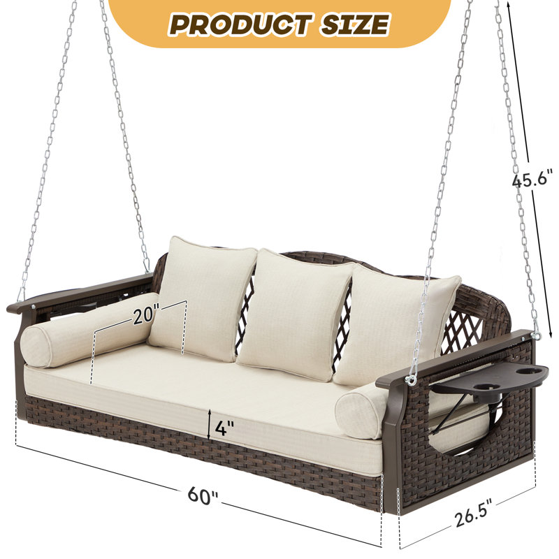 Winston Porter 3 Seat Wicker Hanging Porch Swing, 60In Patio Swing Bench With Tea Trays & 3 Back ...